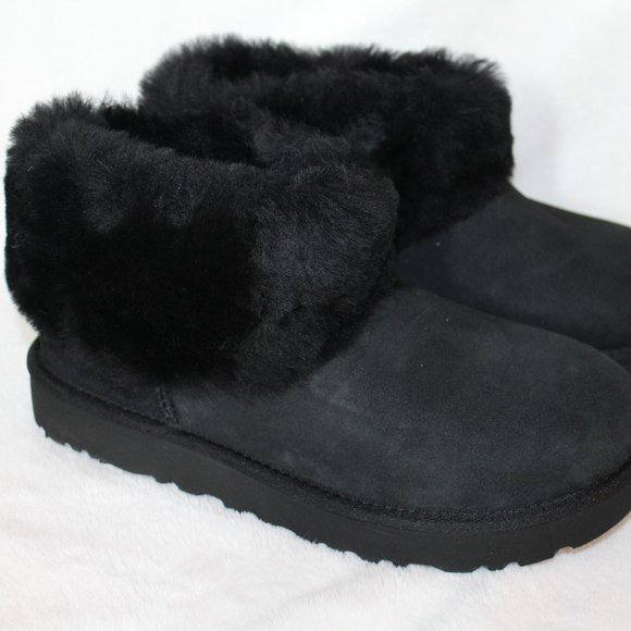 UGG | Shoes | Ugg Mini Suede Fluff Cuff Shearling Boots Black | Poshmark